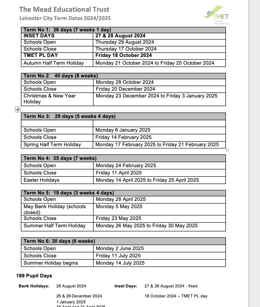 Term Dates – Rowlatts Mead Primary Academy | TMET Leicester MAT